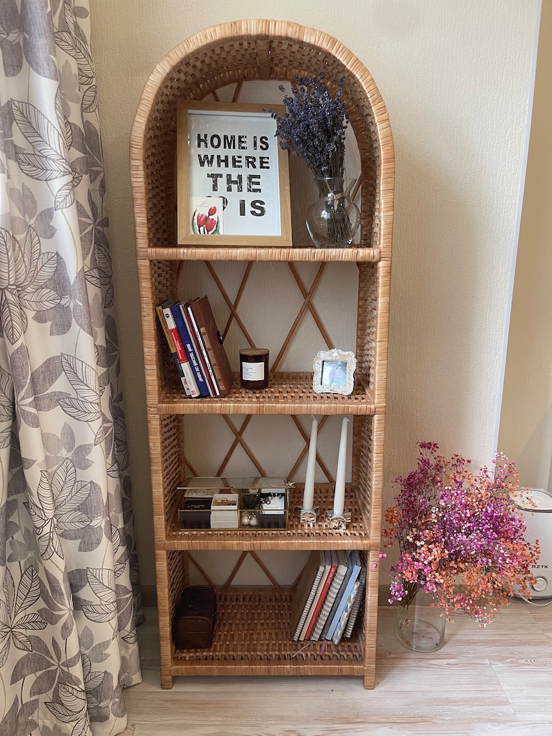 Arched Wicker Bookshelf Rattan Bookcase Plant Stand Boho Furniture Arch ...