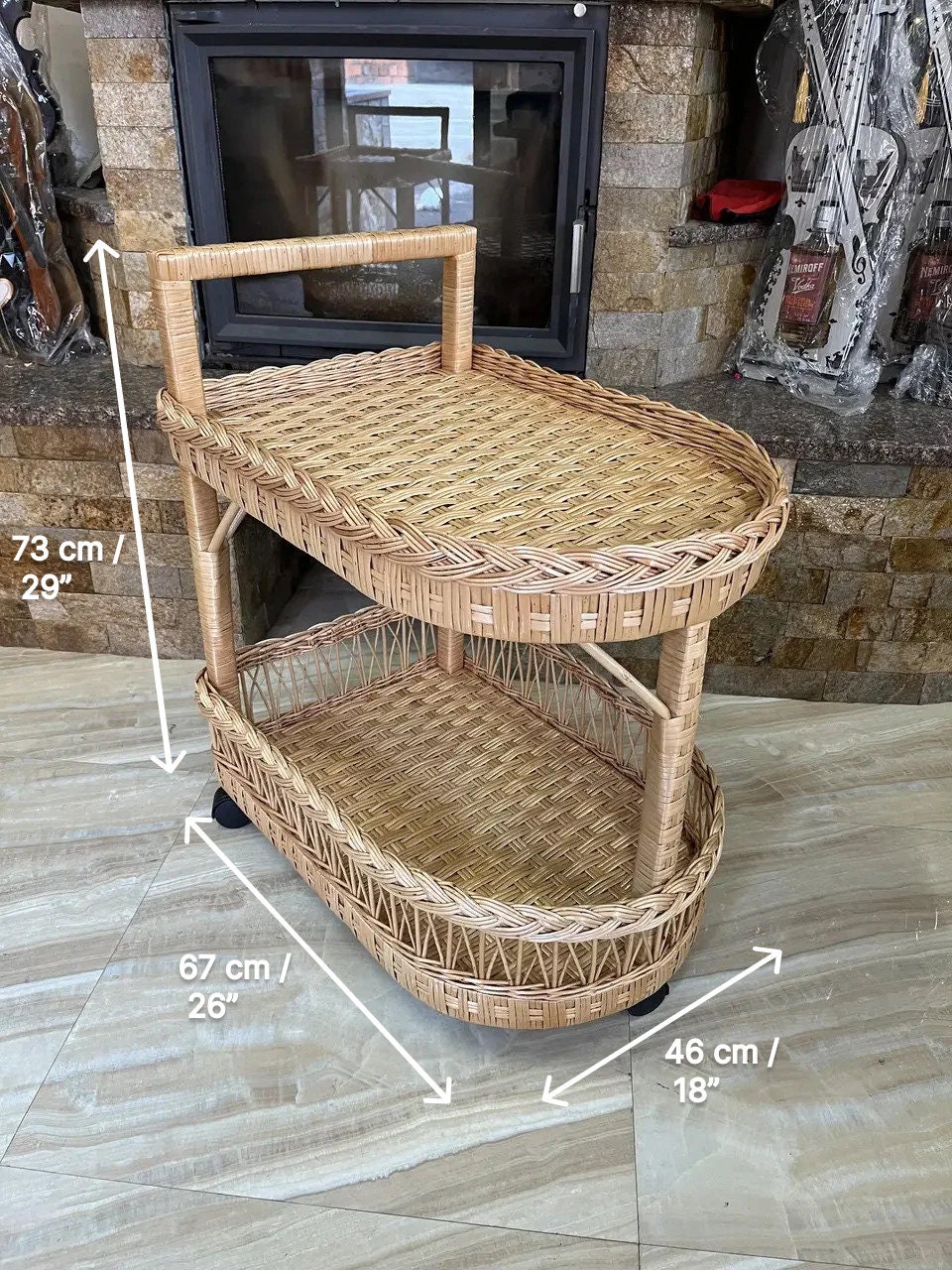 Wicker Bar Table Rattan Bar Cart Rattan Coffee Table Rolling Storage ...
