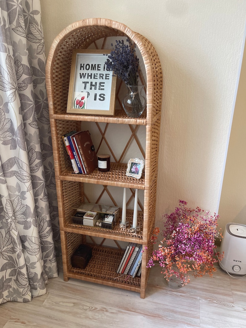 Arched Wicker Bookshelf Rattan Bookcase Plant Stand Boho Furniture Arch ...