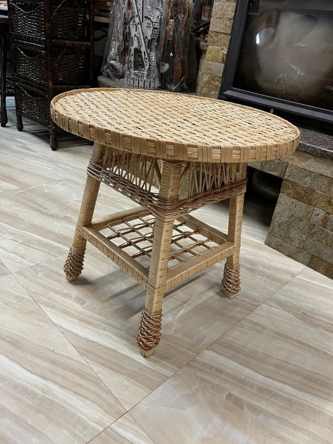 Natural Wicker Round Coffee Table Boho Furniture Small Table Handmade ...