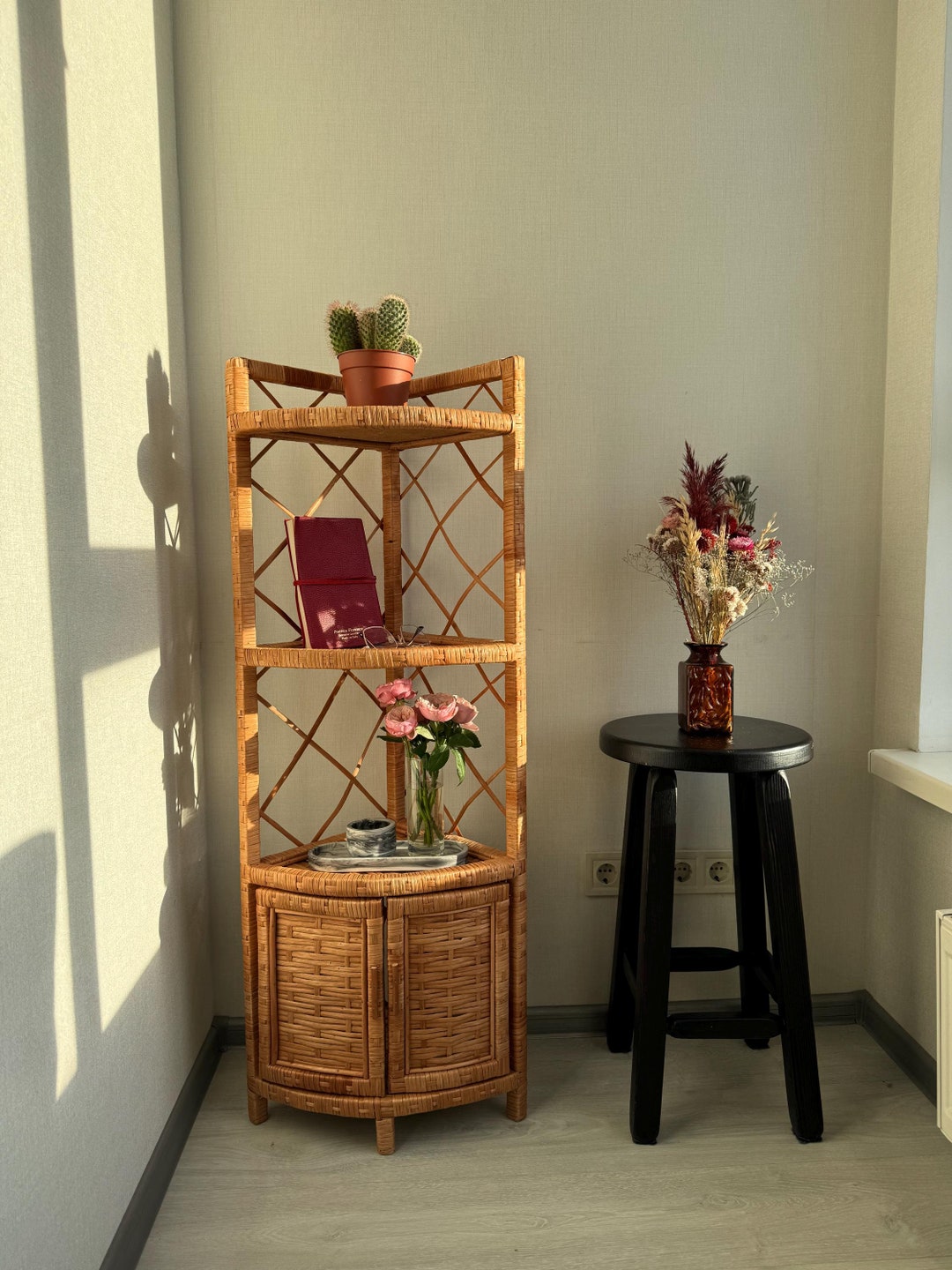 Corner Cabinet With Doors Wicker Book Shelf Boho Furniture Wicker ...