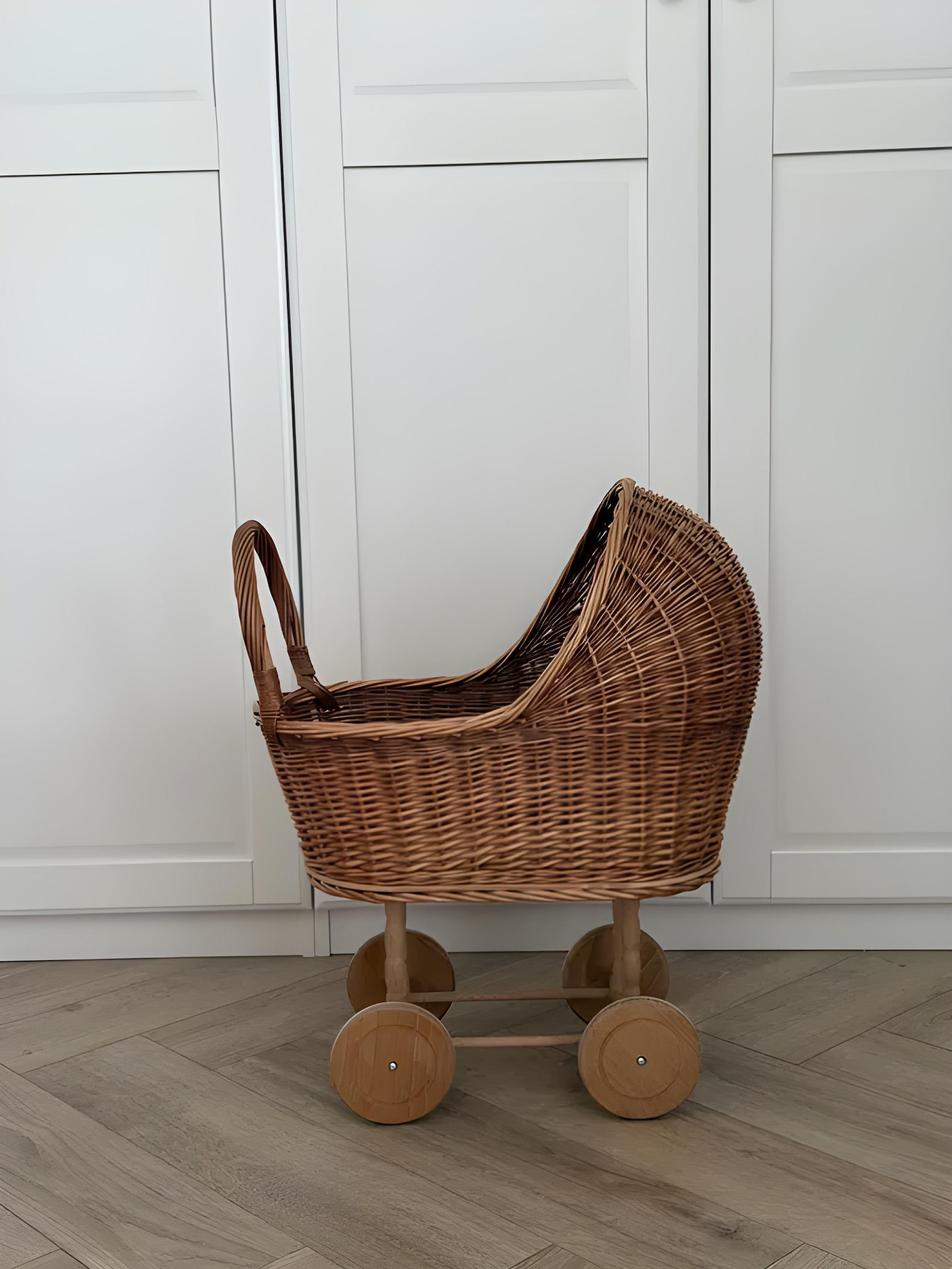 Natural Wicker Baby Carriage on Wheels Handmade Rattan Bassinet Rustic ...
