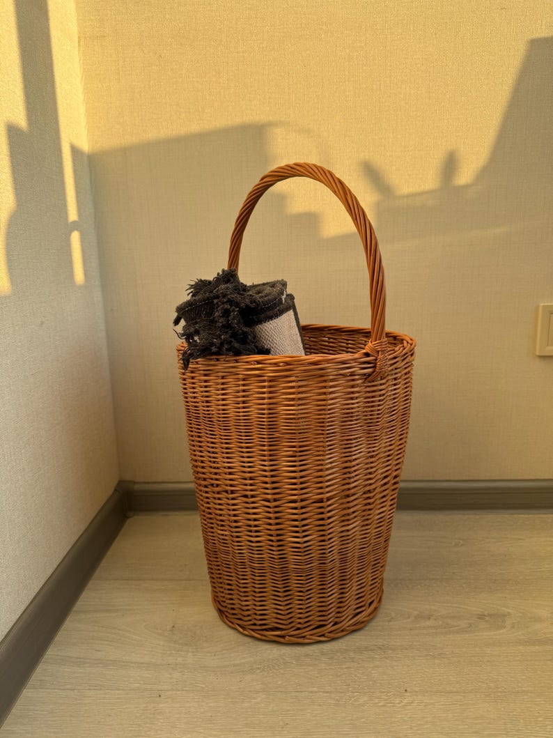 Rustic Wicker Bucket Natural Farmer Basket Handmade Fruit Basket Rattan ...