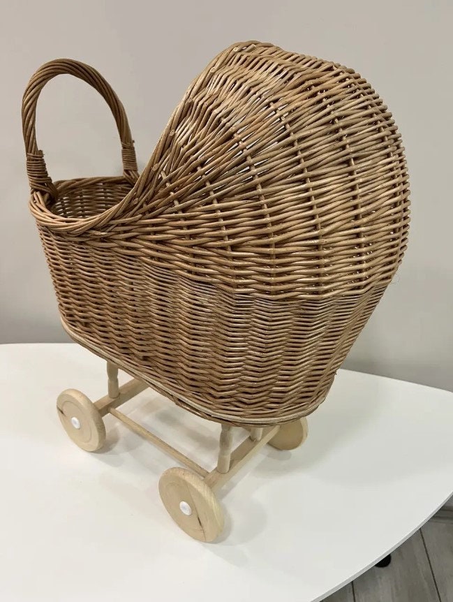 Wicker Doll Pram Natural Baby Carriage on Wheels Handmade Doll Stroller ...