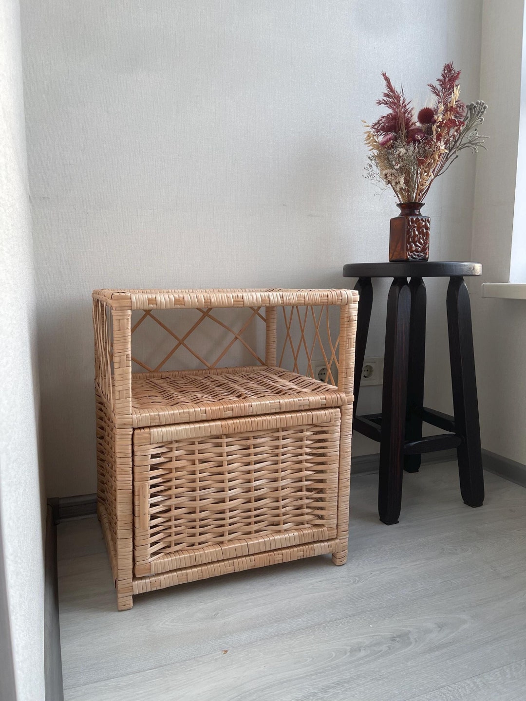 Wicker Bedside Table Rustic Bedroom Furniture Handmade Rattan ...