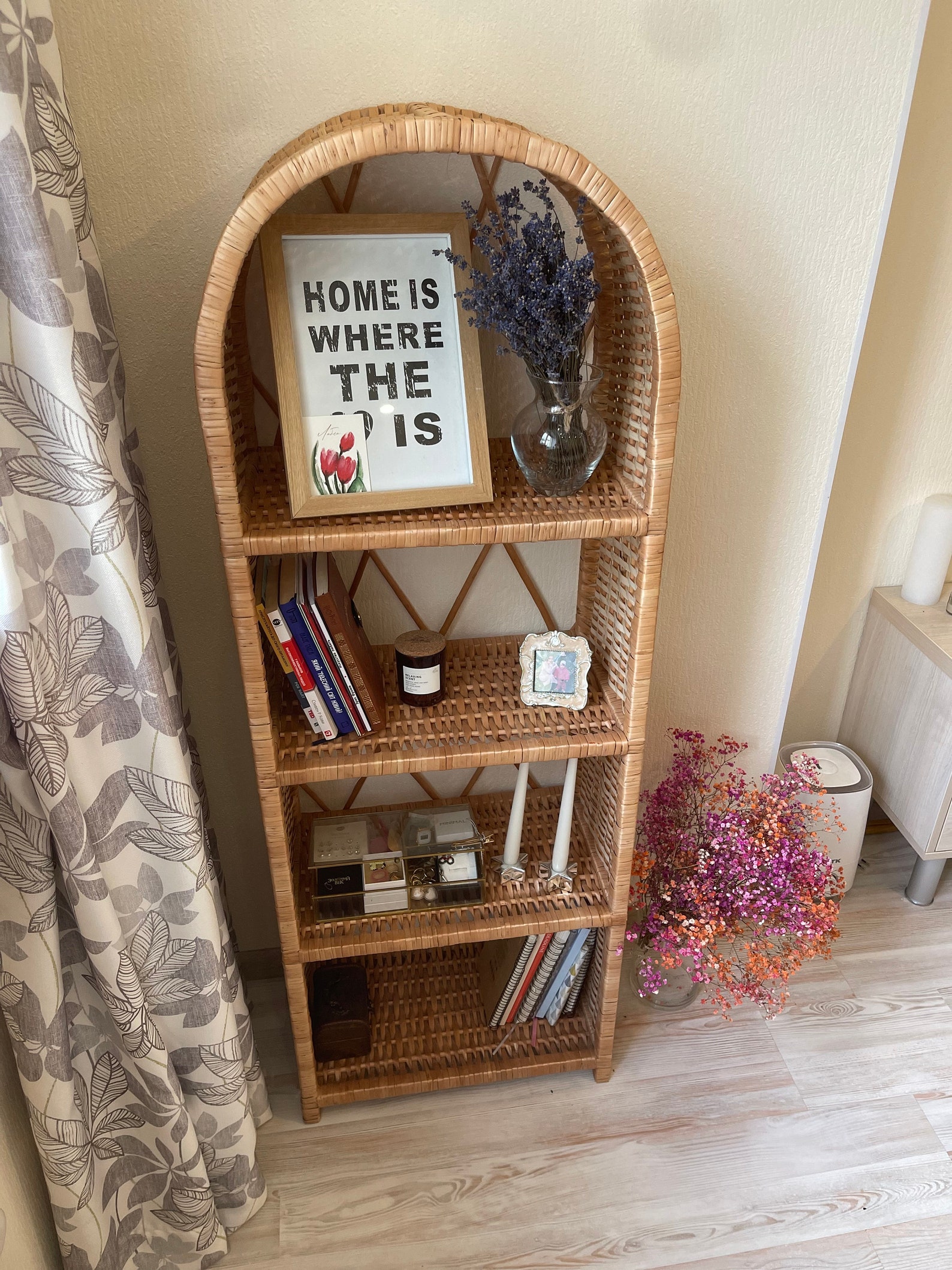 Arched Wicker Bookshelf Rattan Bookcase Plant Stand Boho Furniture Arch ...