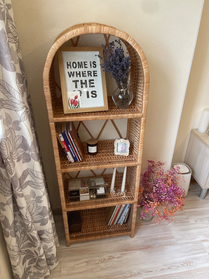 Arched Wicker Bookshelf Rattan Bookcase Plant Stand Boho Furniture Arch ...
