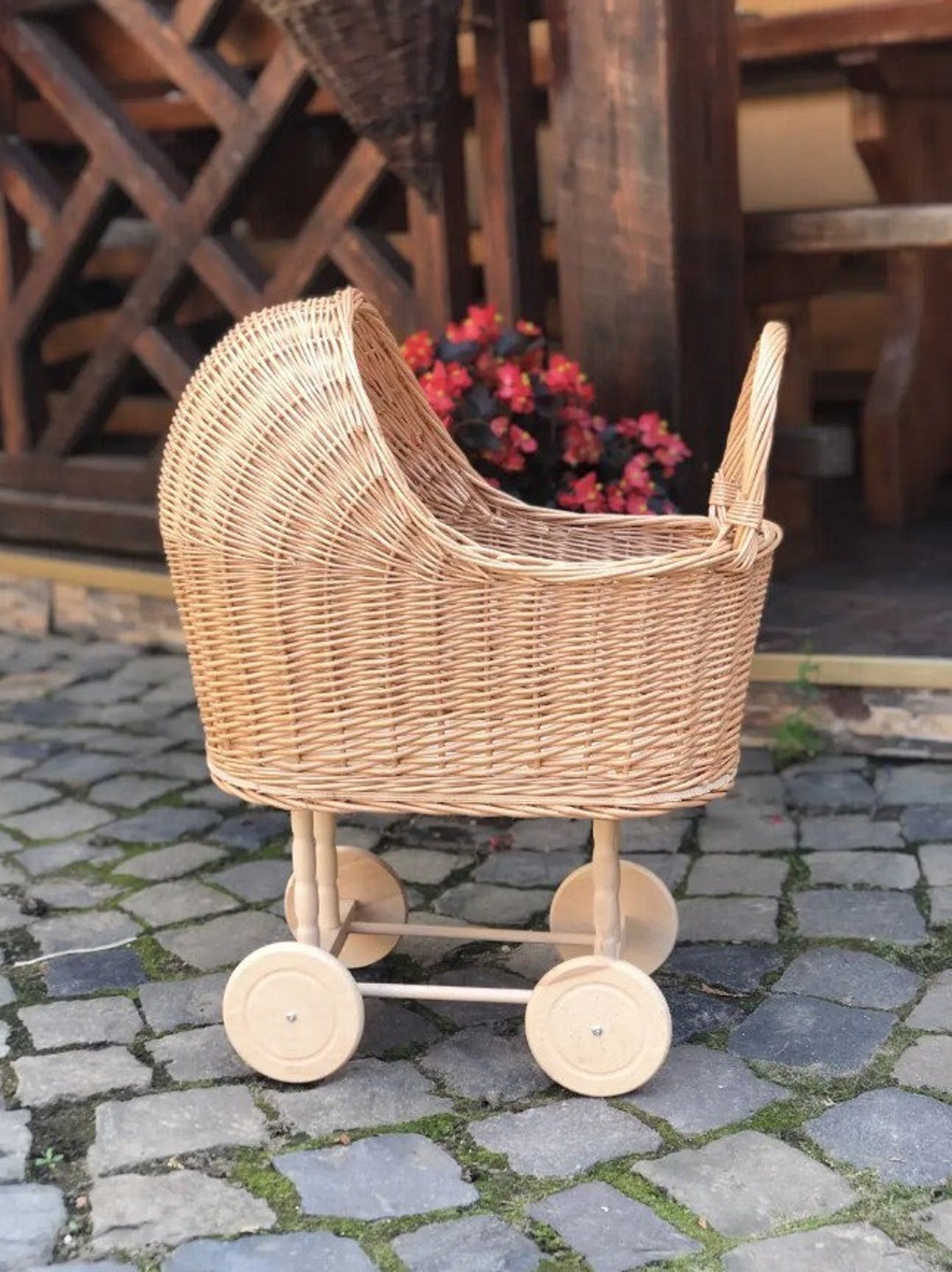 Wicker Doll Pram Natural Baby Carriage on Wheels Handmade Doll Stroller ...