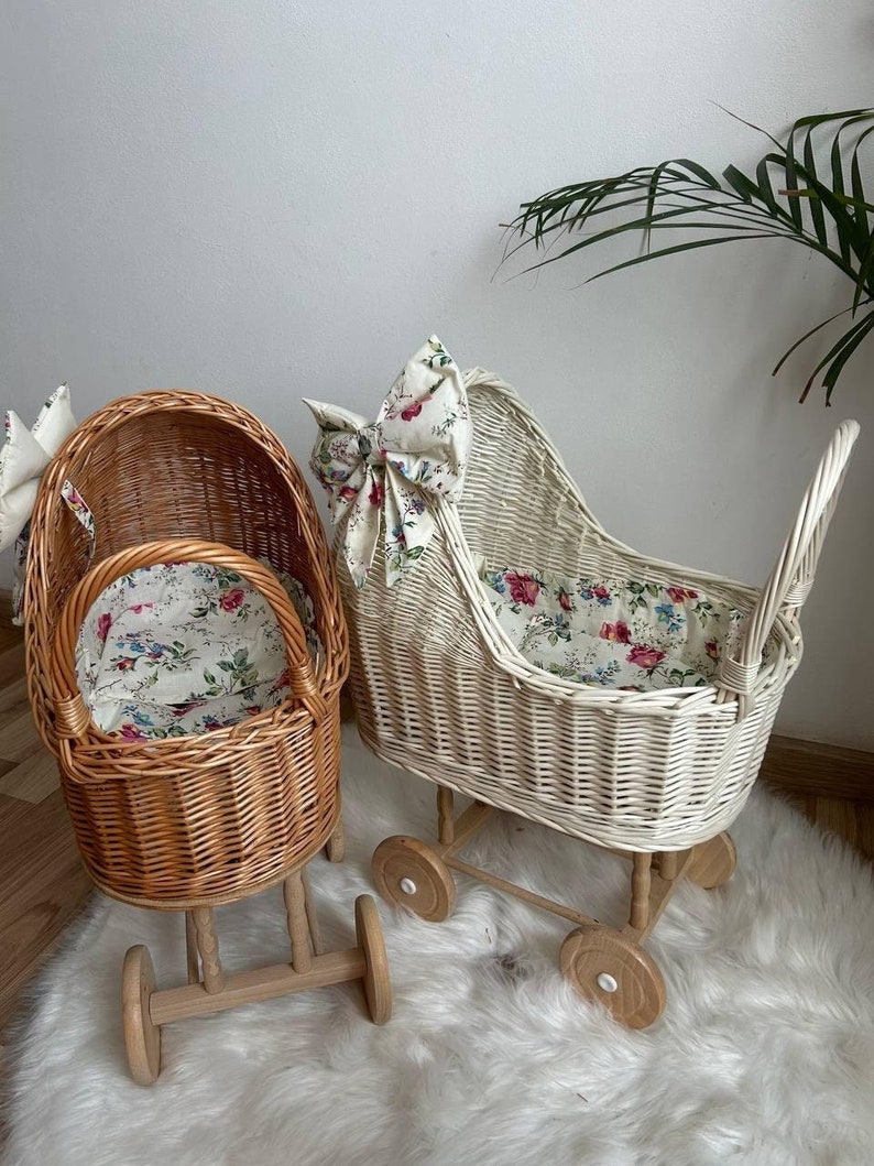 Natural Wicker Doll Stroller Push Buggy Handmade Wicker Baby Carriage ...