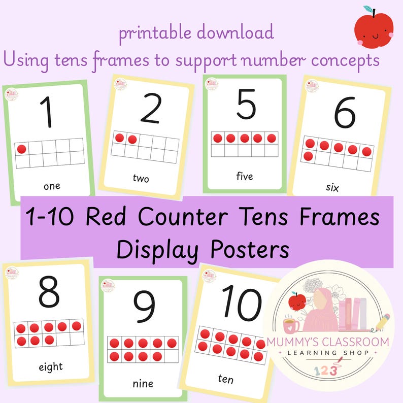 1-10 Tens Frames Display Posters Flashcards - Red Counter Design ...