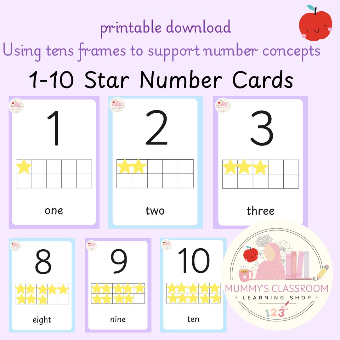 1-10 Number Cards, Stars on Tens Frames, Supports Early Counting and ...