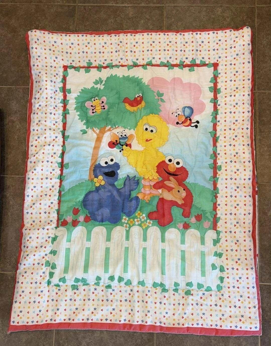 Vintage 1990s Sesame Street Baby Blanket Quilt Elmo Big Bird Cookie ...