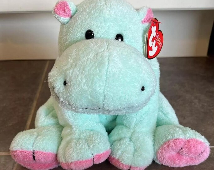 Ty Pluffies Tubby Hippo Plush Mint Green Pink 2002 Bean Bag Floppy 8 ...
