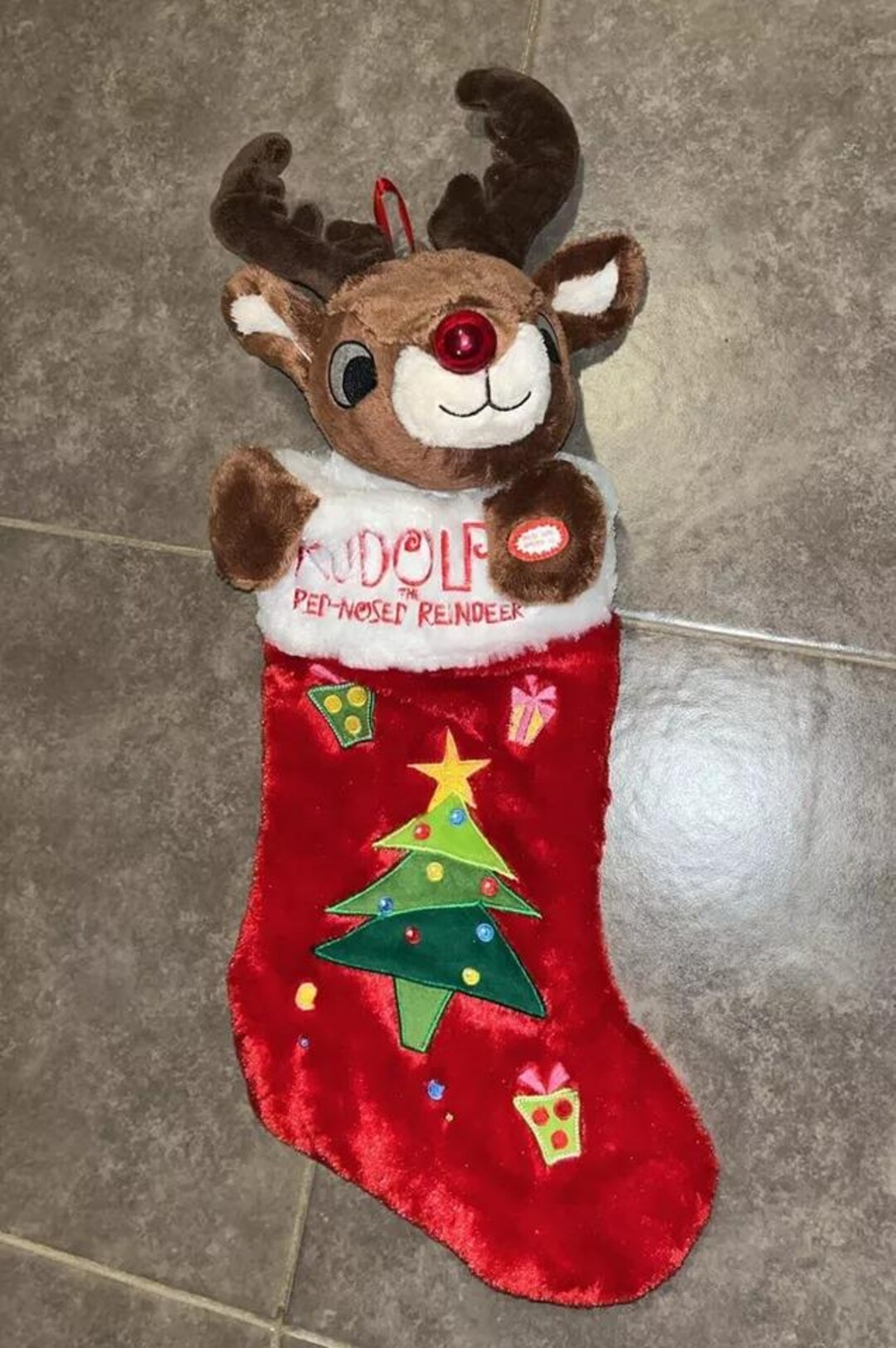 Rudolph the Red Nosed Reindeer Singing Light up Stocking 18" Antlers ...