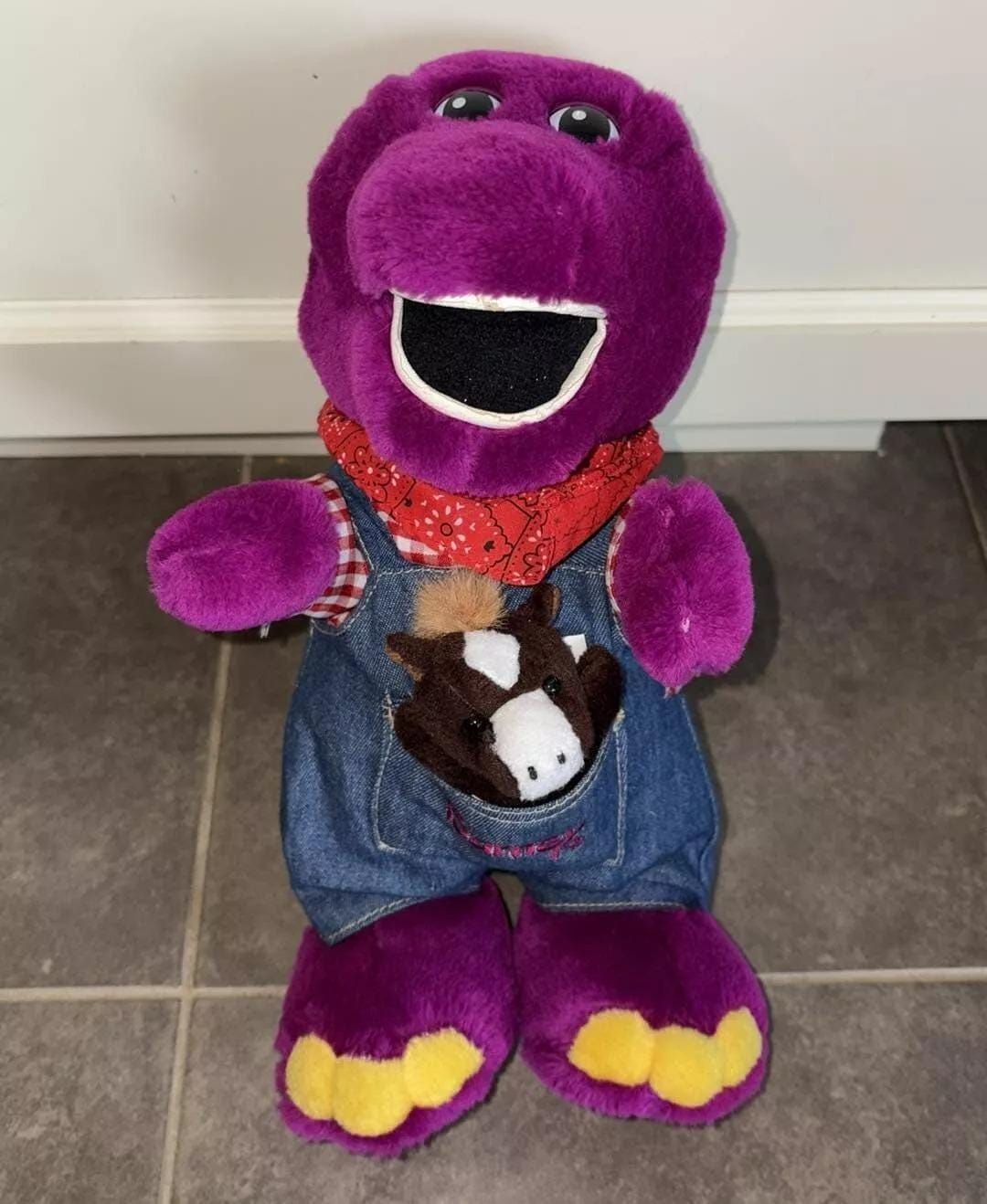 Vintage 1992 Lyons Barney the Dinosaur Cowboy Farmer Horse in Pocket 12 ...