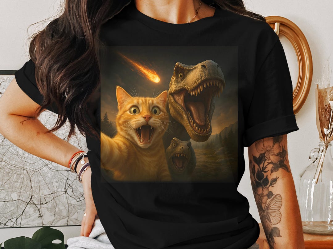 Funny Cat Selfie T-shirt, Dinosaur T Rex, Meteor Shower, Humorous Tee ...