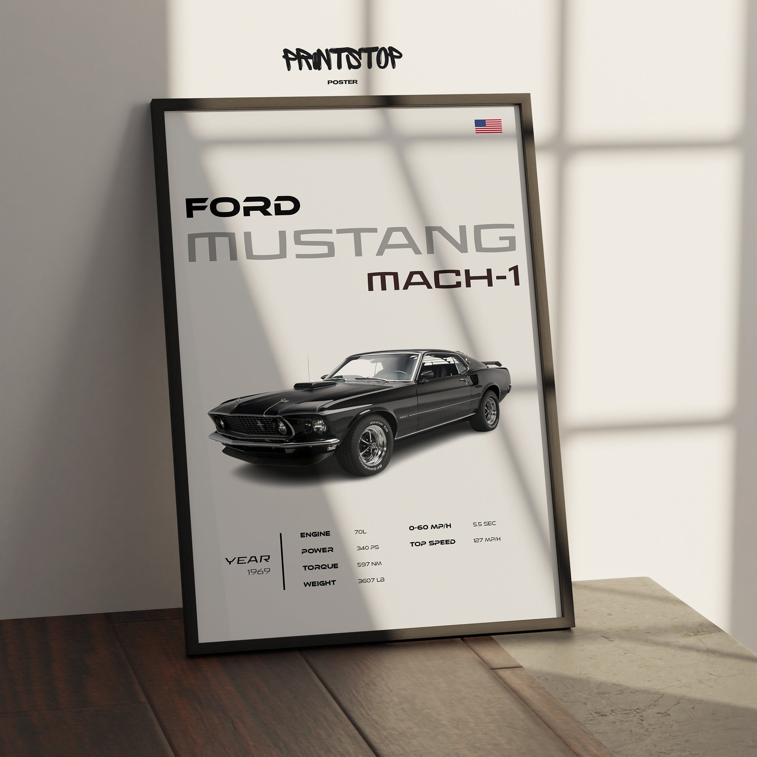 1969 Ford Mustang Mach-1 Poster, Classic American Muscle Car Print ...