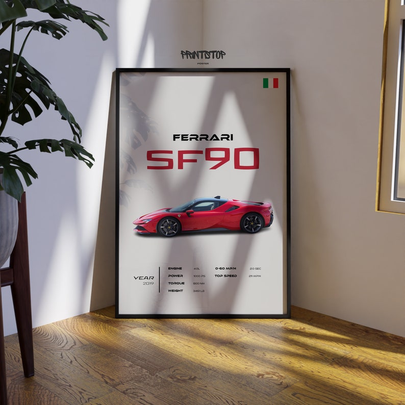 Ferrari SF90 Poster, Luxury Sports Car Wall Art, 2019 Model Detailed ...