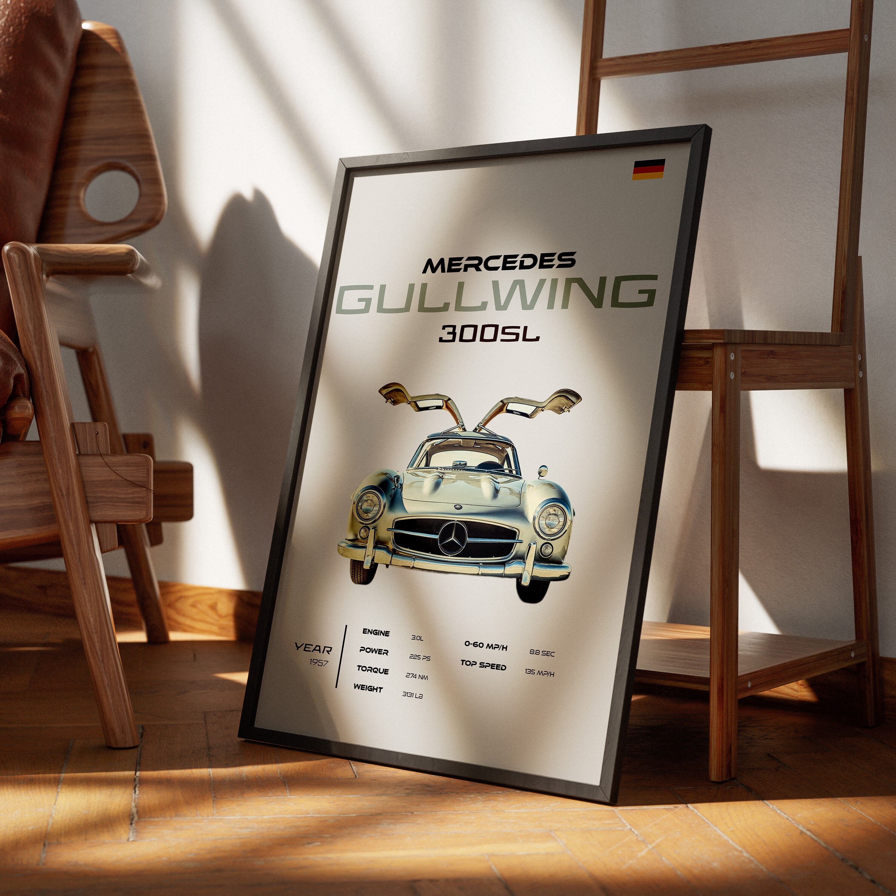 Vintage 1957 Mercedes Gullwing 300SL Car Poster, Classic Automobile ...