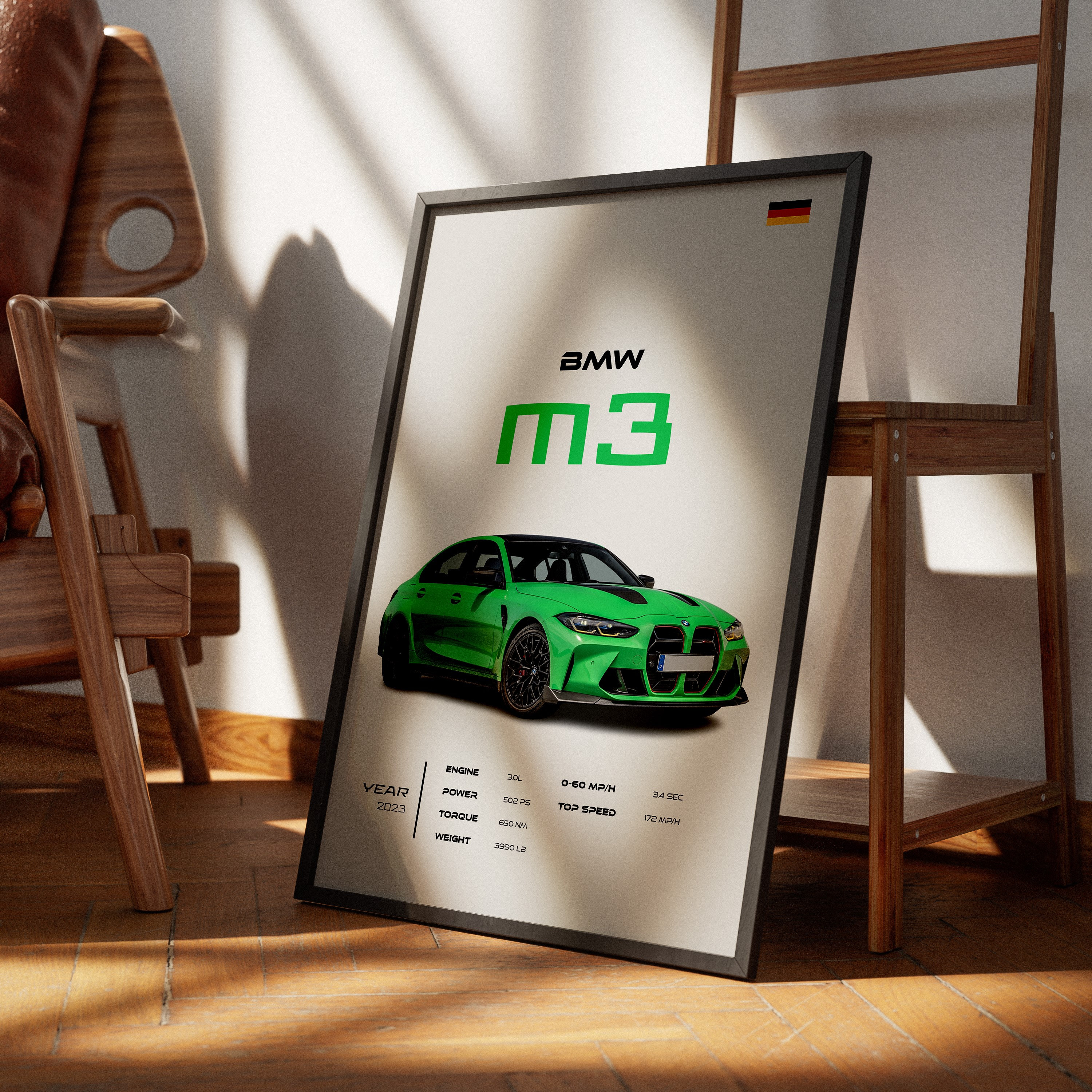 BMW M3 Car Poster, Turbocharged Car Wall Art, Automotive Decor Print, Green Performance Car ...