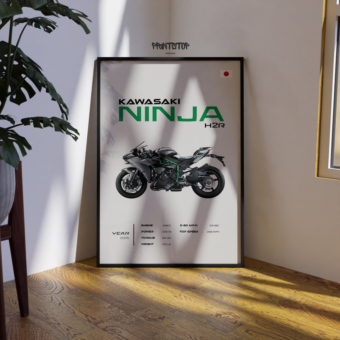 Kawasaki Ninja H2R Motorcycle Poster, Superbike Print, Racing Motorbike ...
