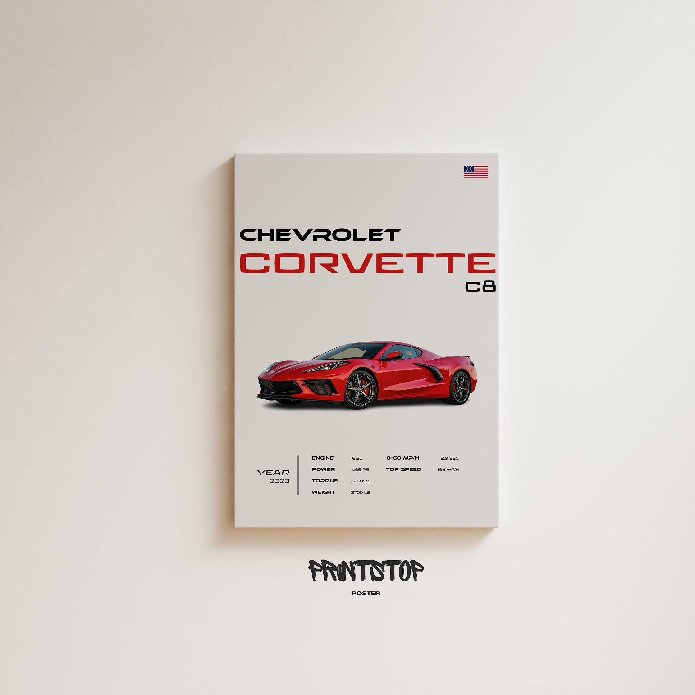2020 Chevrolet Corvette C8 Poster, Car Enthusiast Wall Art, Modern Home ...