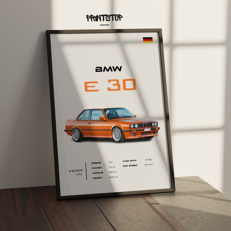 BMW E30 Poster, Vintage Car Enthusiast Wall Art, Classic Automotive Decor, High Quality Print ...