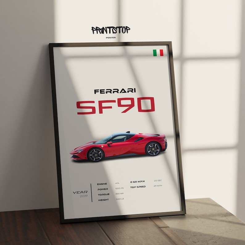 Ferrari SF90 Poster, Luxury Sports Car Wall Art, 2019 Model Detailed ...