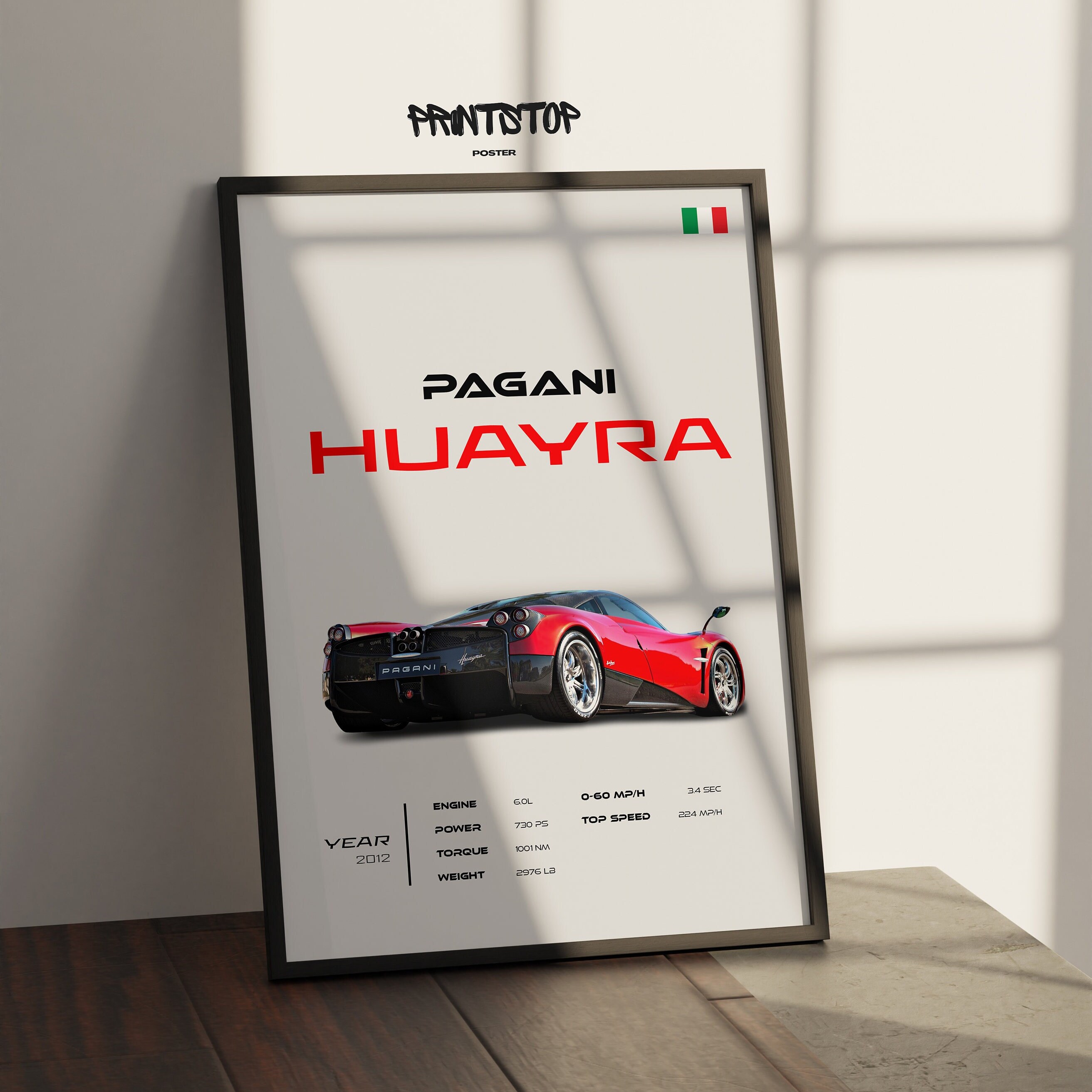 Pagani Huayra Car Poster, 2012 Model Luxury Supercar Wall Art, Italian ...