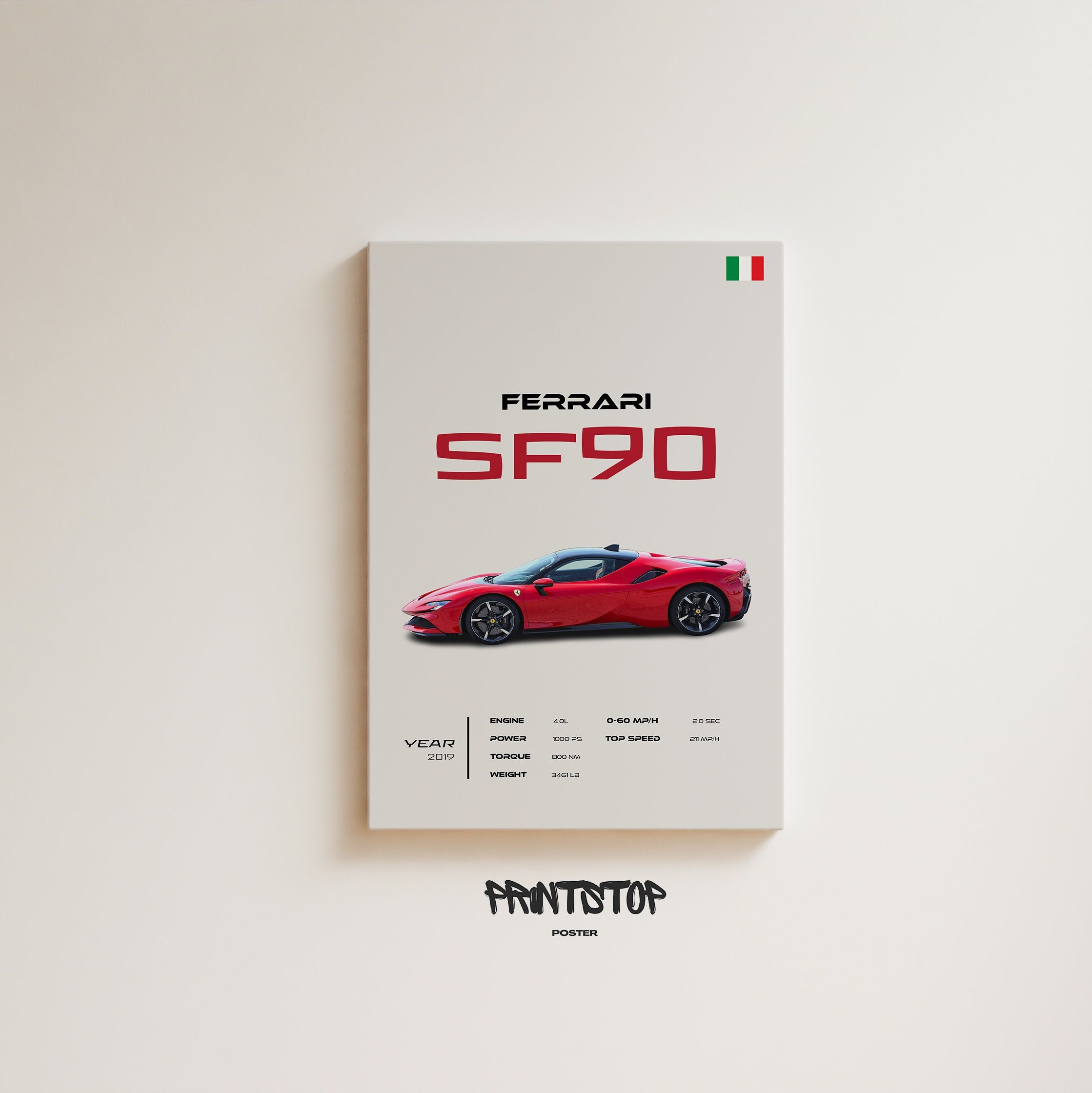 Ferrari SF90 Poster, Luxury Sports Car Wall Art, 2019 Model Detailed ...