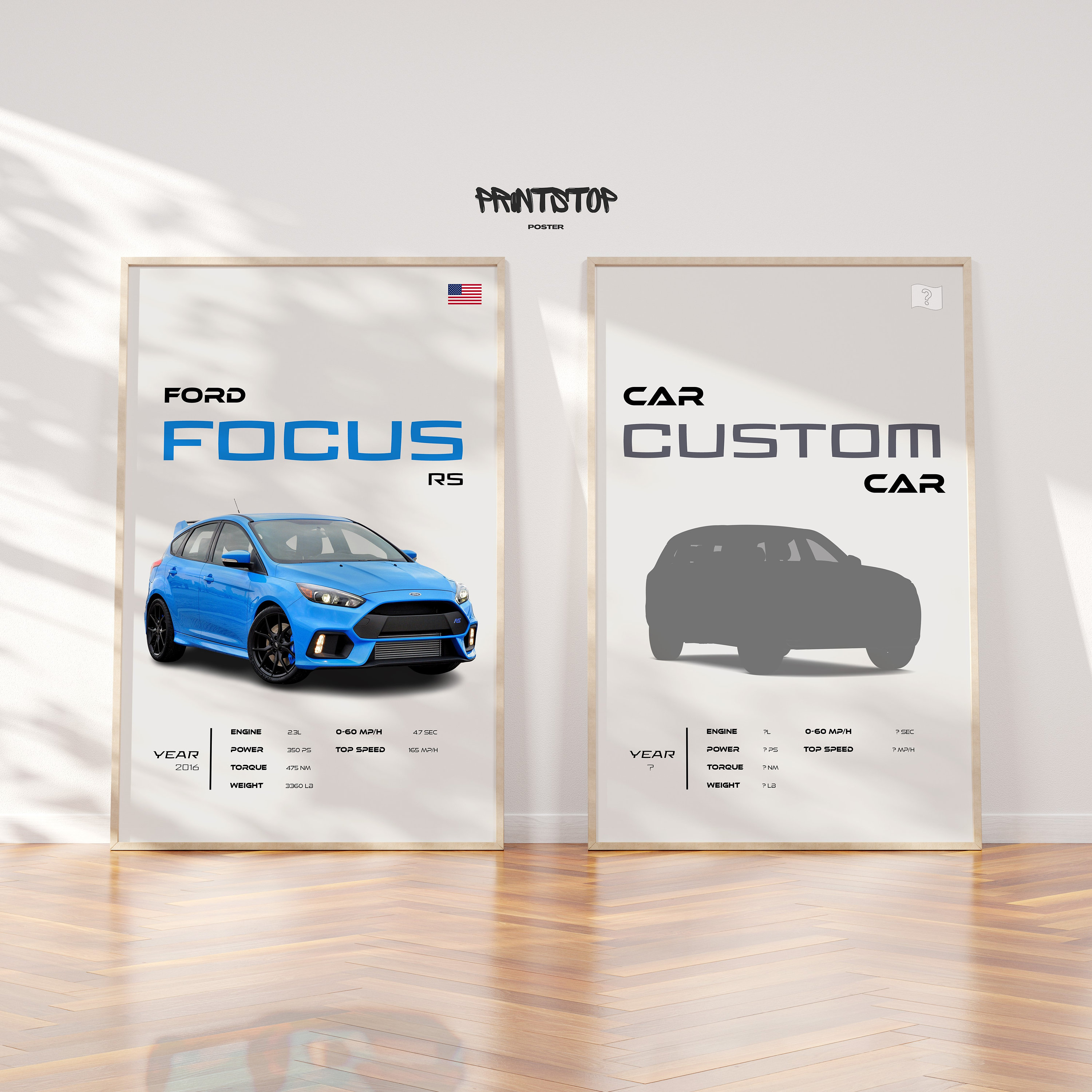 Ford Focus RS Car Poster Blue Performance Hatchback Wall Art Automotive ...