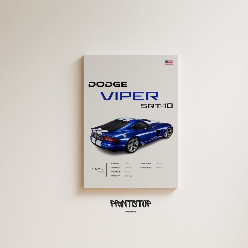 Dodge Viper SRT-10 Poster, Classic American Muscle Car Art, Automotive ...