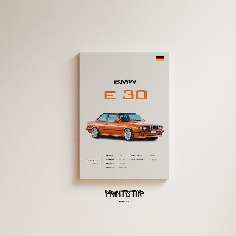 BMW E30 Poster, Vintage Car Enthusiast Wall Art, Classic Automotive Decor, High Quality Print ...