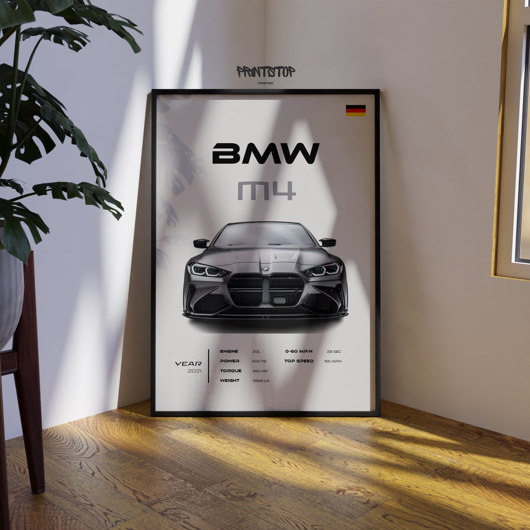 BMW M4 Poster, Luxury Car Wall Art, German Sportscar Art, Modern Sedan Illustration, M Power ...