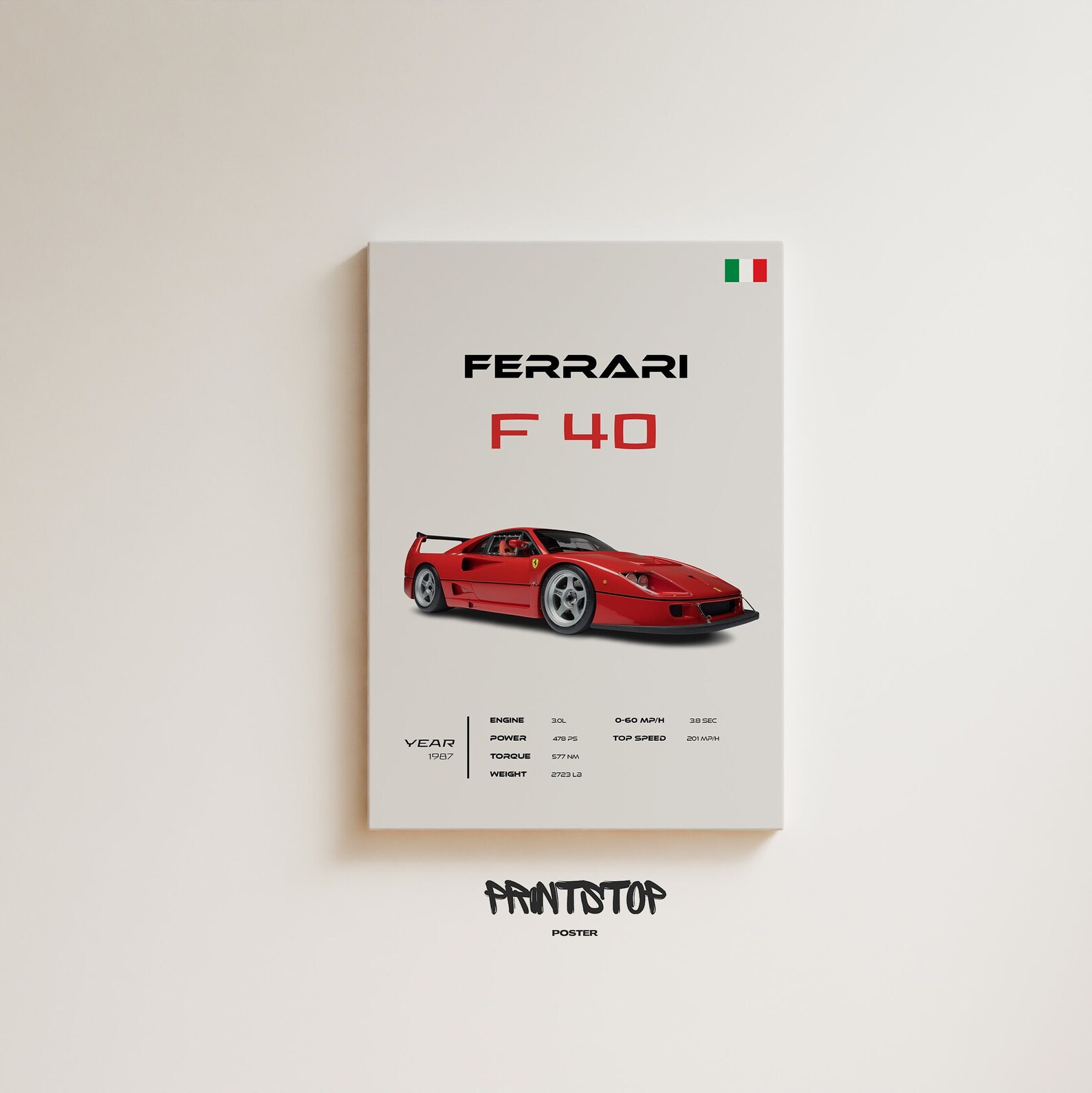 Ferrari F40 Poster, Vintage Supercar Wall Art, Automotive Decor ...