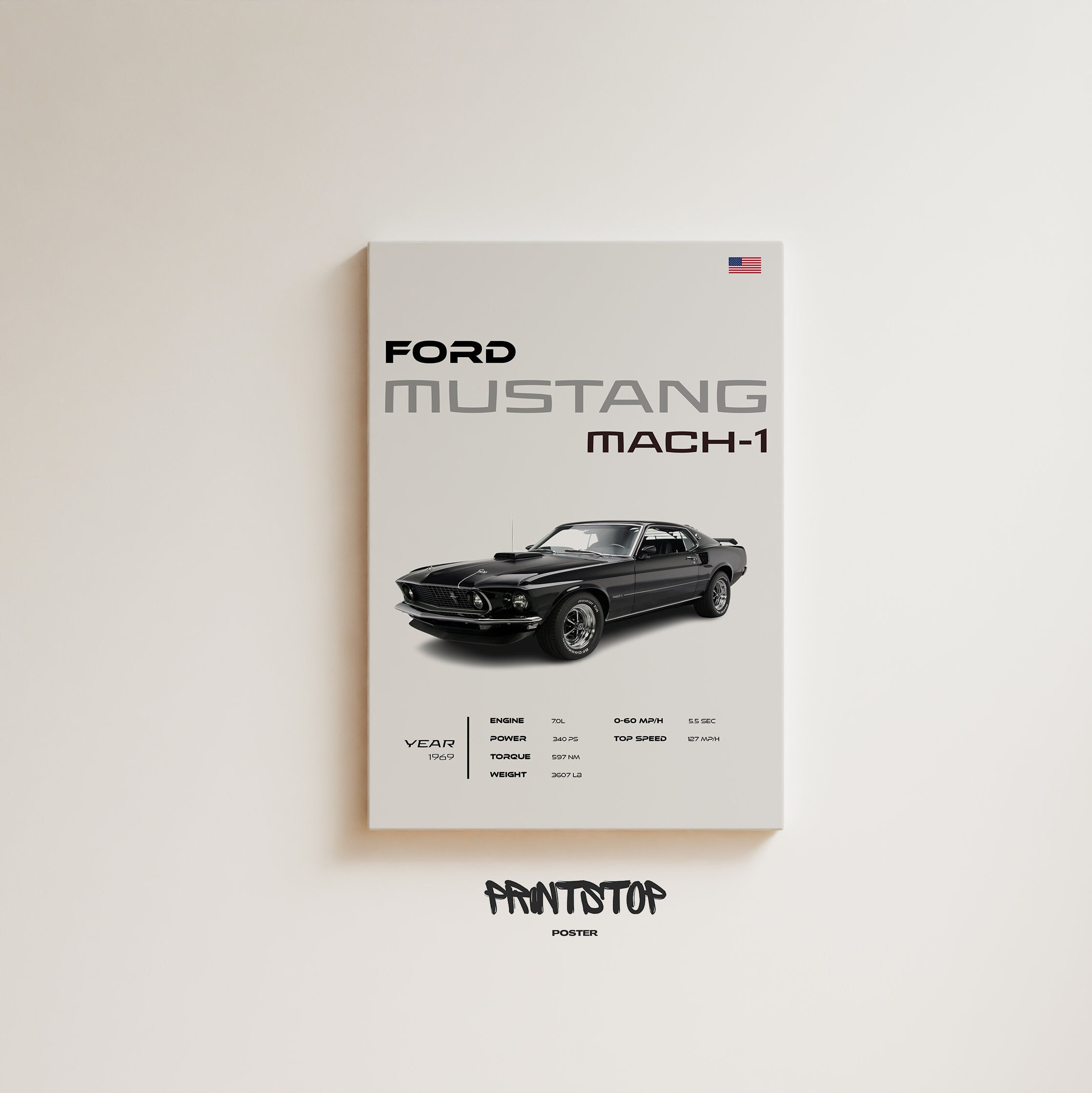 1969 Ford Mustang Mach-1 Poster, Classic American Muscle Car Print ...