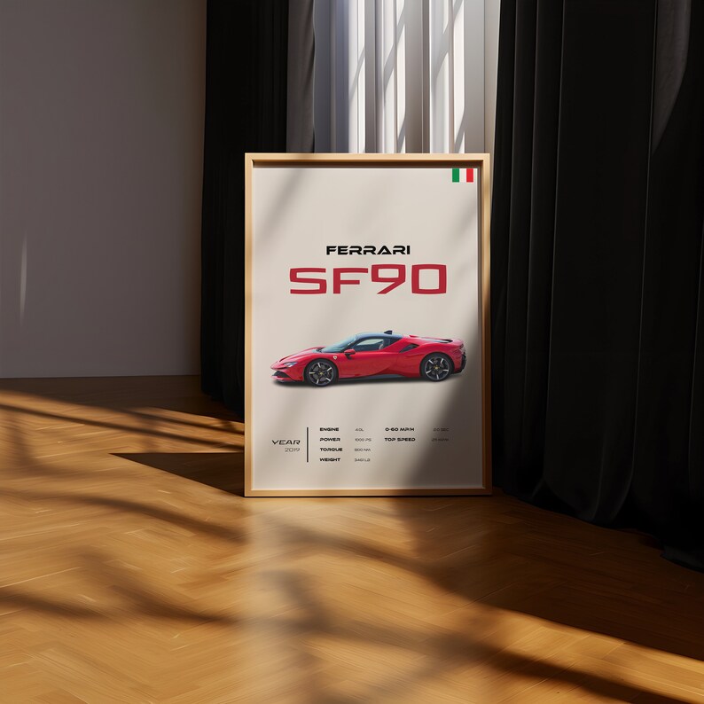 Ferrari SF90 Poster, Luxury Sports Car Wall Art, 2019 Model Detailed ...