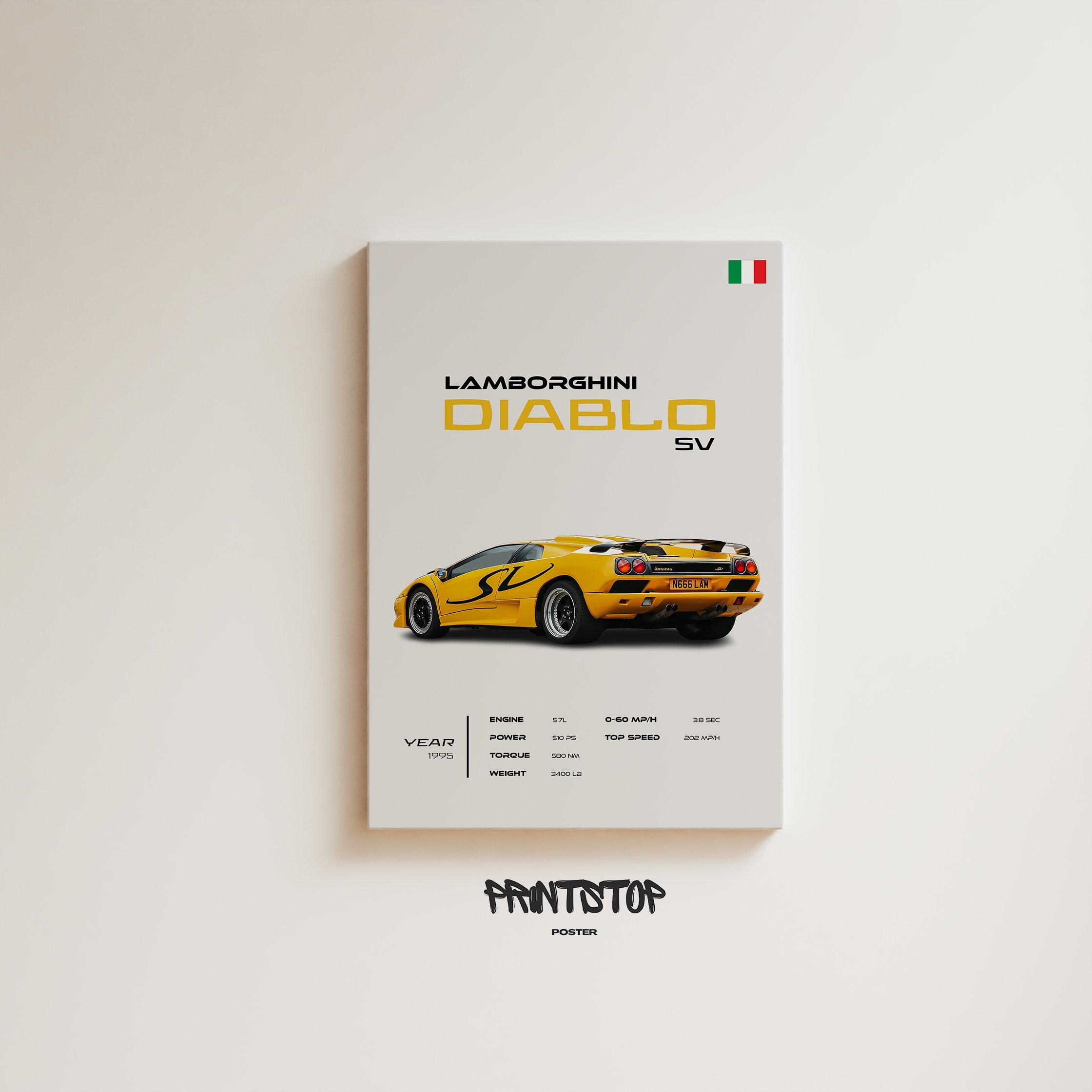 1995 Lamborghini Diablo SV Poster Classic Yellow Sports Car Print ...