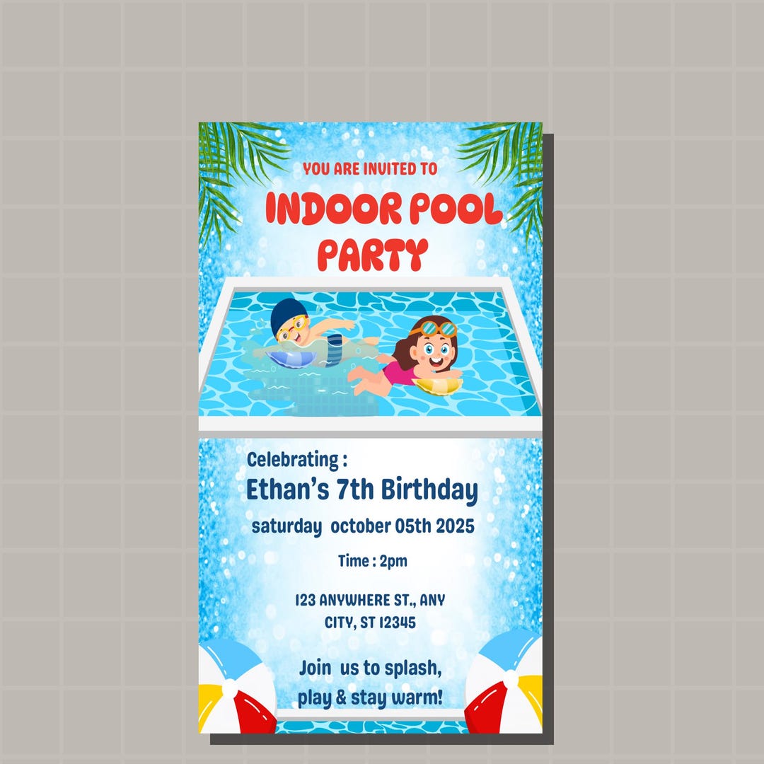 Indoor Pool Party Invitation Editable | Winter Swim Birthday Invite ...