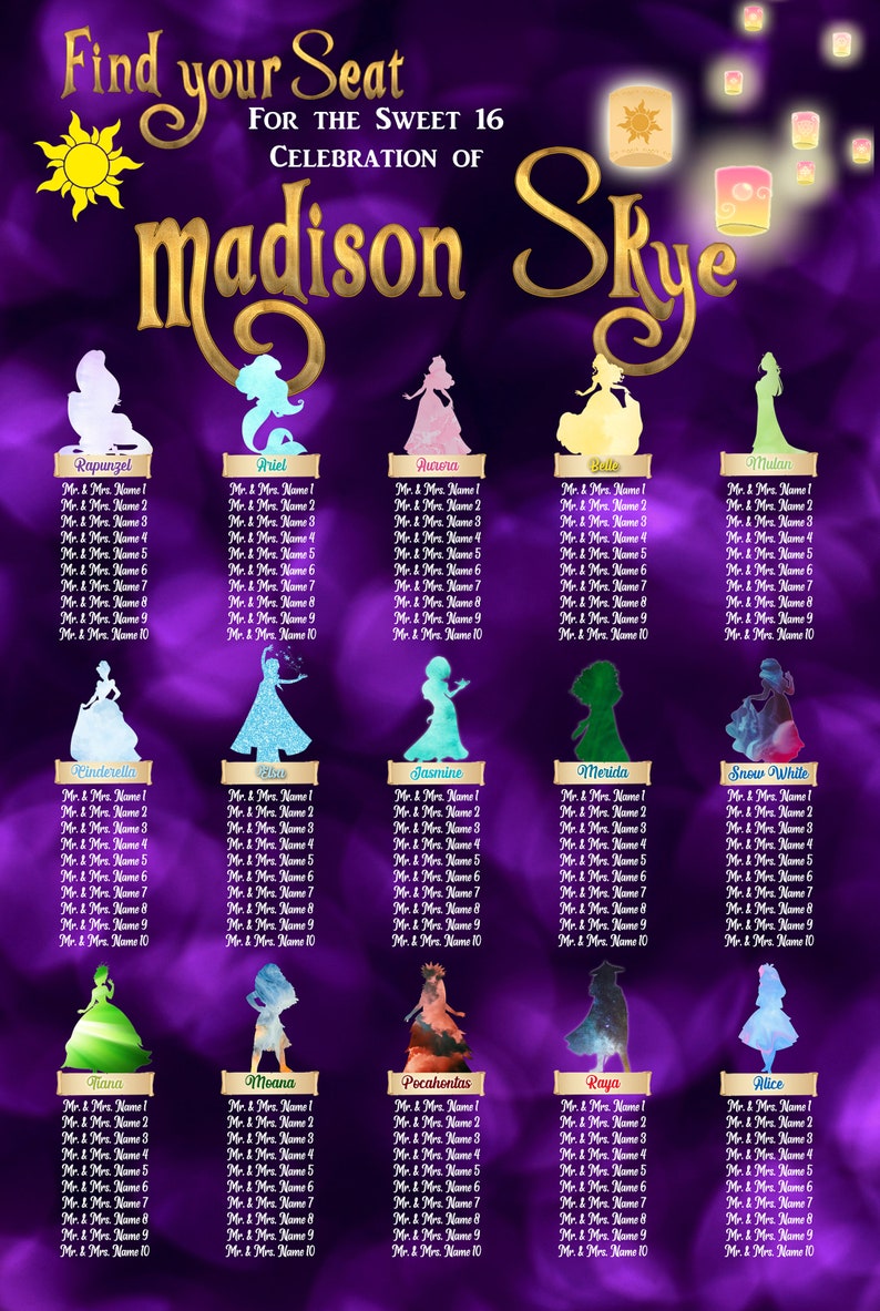 Rapunzel Themed Seating Chart Personalized DIGITAL DOWNLOAD - Etsy