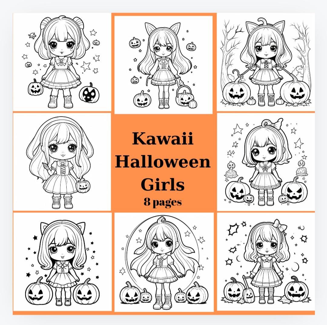 Halloween Kawaii Girls Coloring Pages - Etsy
