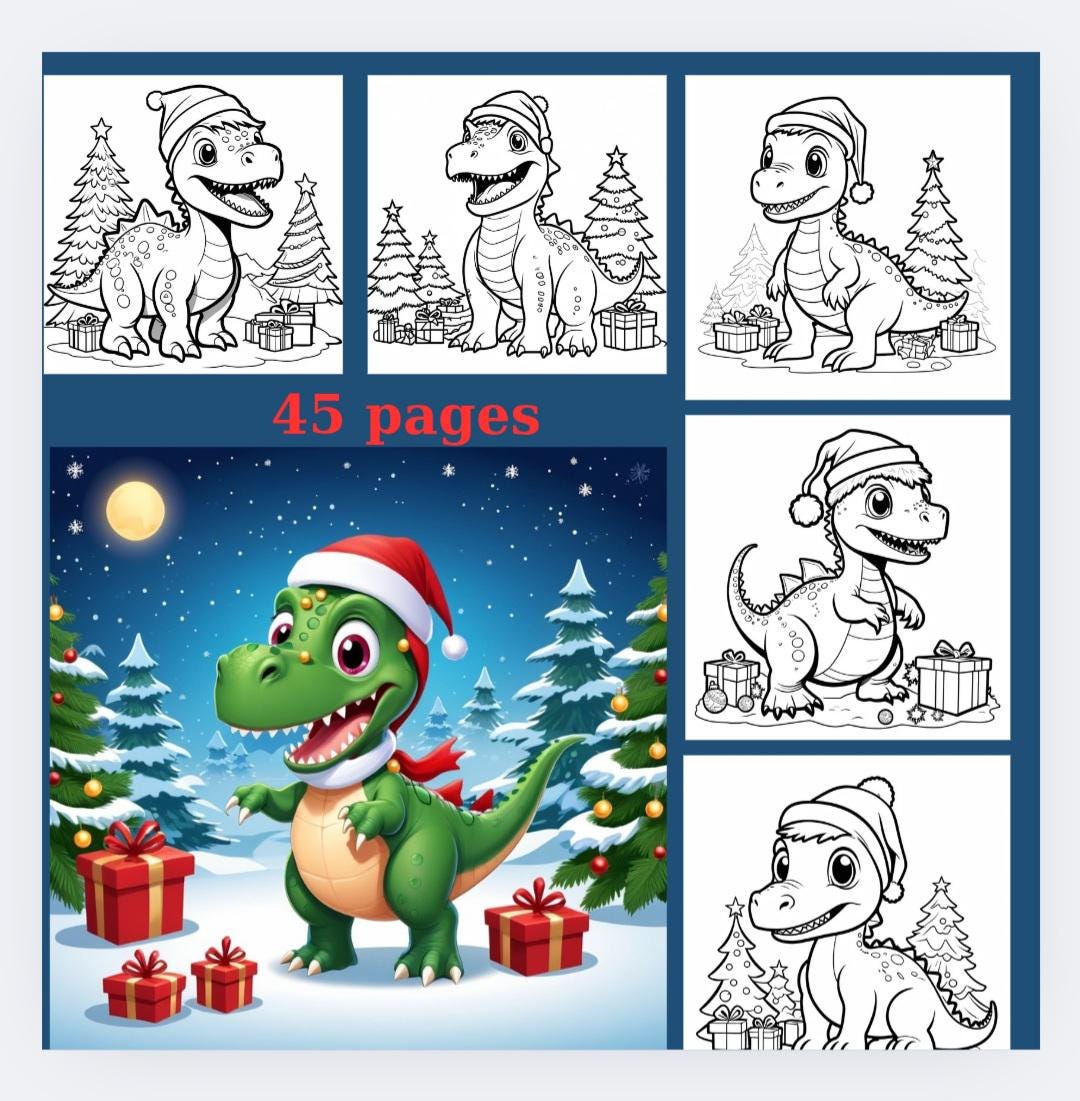 Christmas Dinosaur Coloring Pages - Etsy