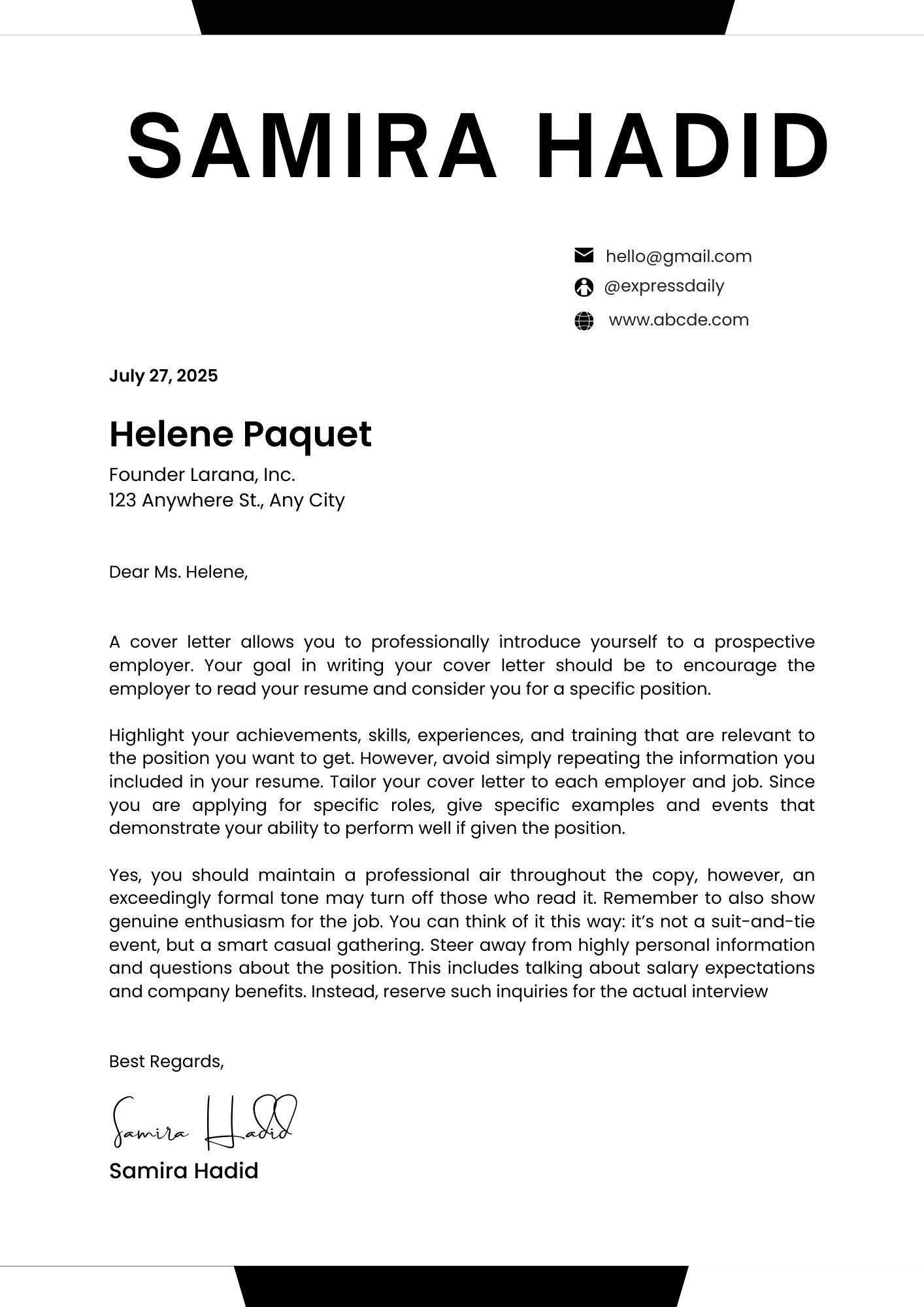 Professional Cover Letter Template, With Signature Page Resume Template ...