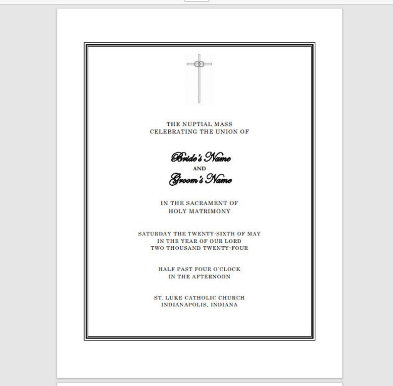 Catholic Mass Wedding Program, Word Doc Edit, Full Size, Music Notes ...