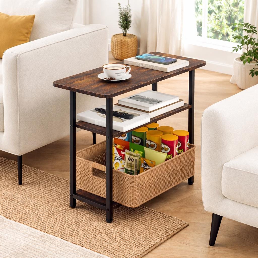 Rustic Industrial 3-tier Side Table: Narrow Wood Metal Bedside Storage ...