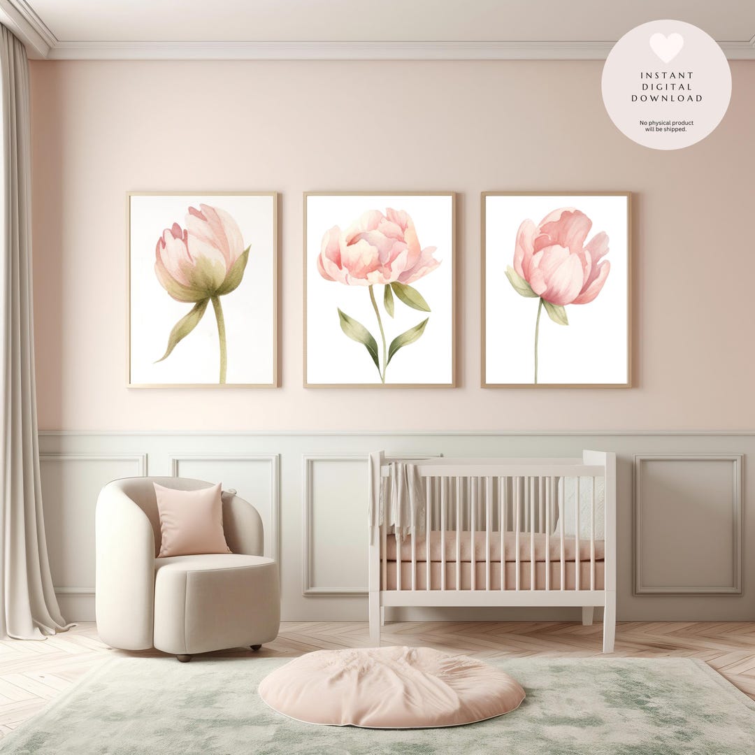 Set of 3 Beautiful Pale Pink Peony Flower Prints | Printable Watercolor ...