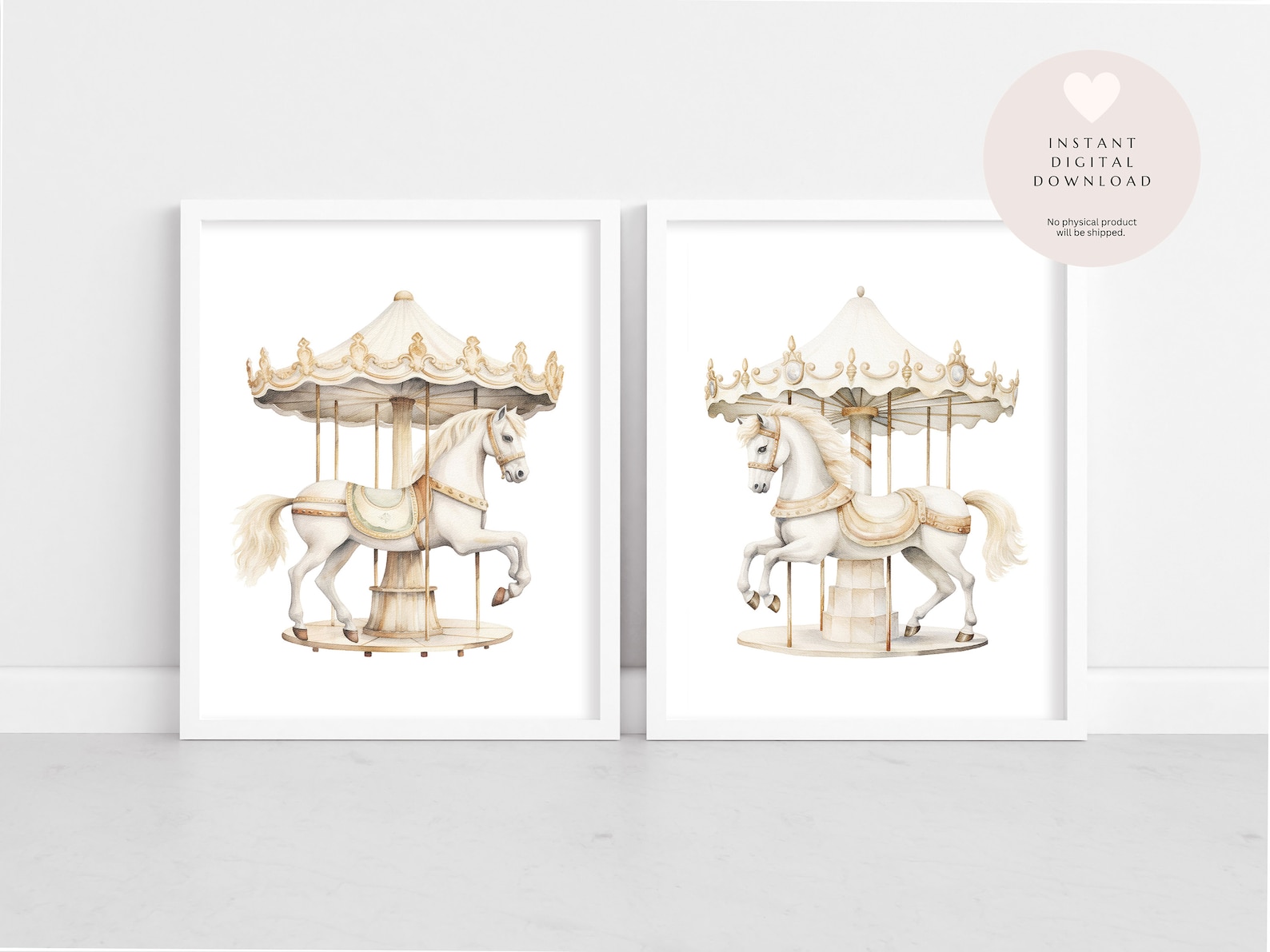 Set of 2 Vintage Neutral Carousel Digital Printable Wall Art | Baby ...