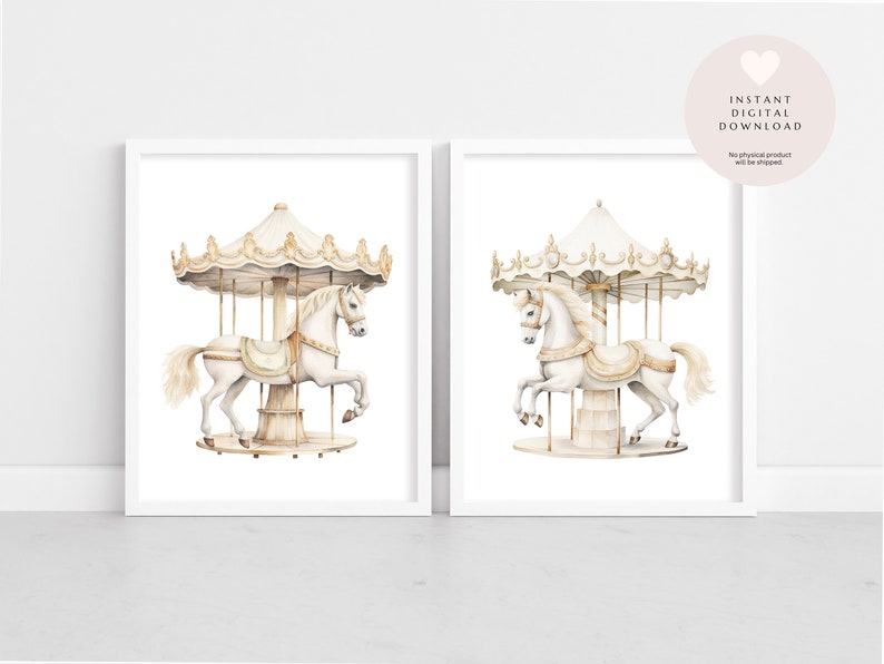 Set of 2 Vintage Neutral Carousel Digital Printable Wall Art | Baby ...