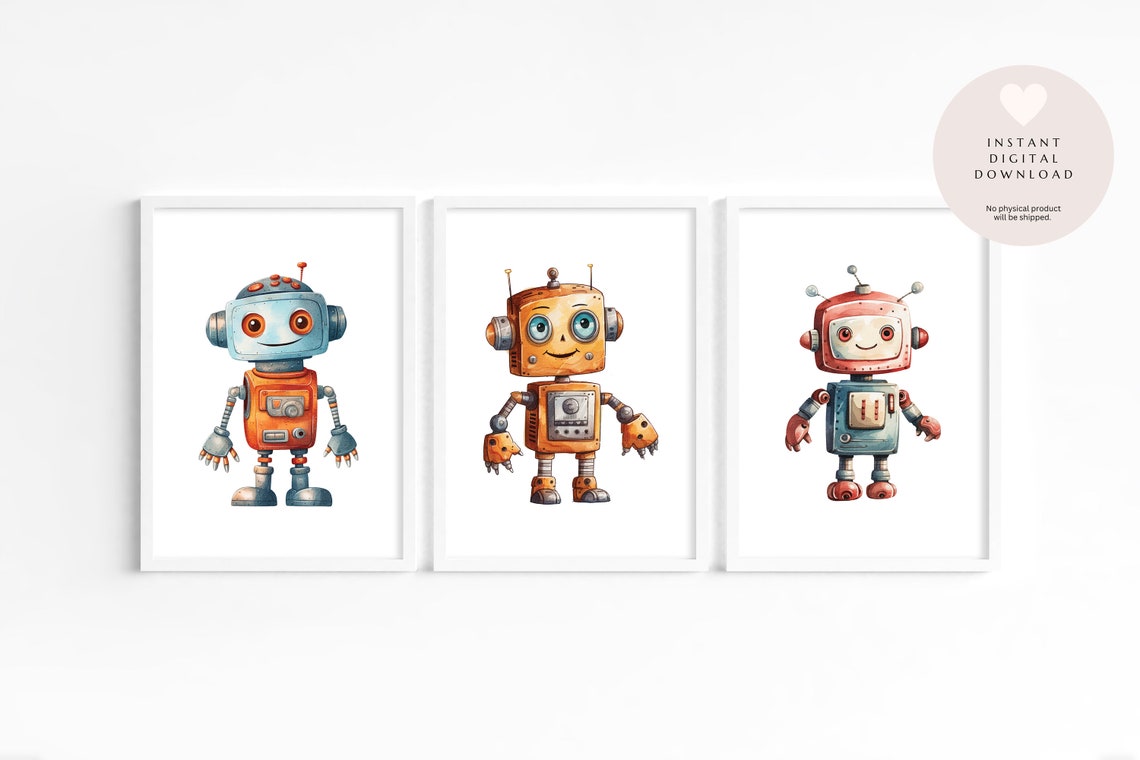 Colorful Watercolor Robot Wall Art for Child's Room | Playful Robot ...