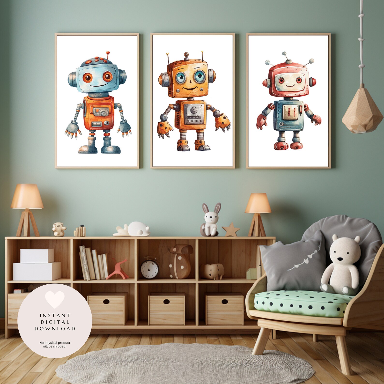 Colorful Watercolor Robot Wall Art for Child's Room | Playful Robot ...